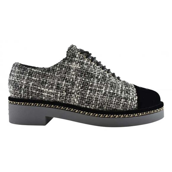 CHANEL | Shoes | Chanel 2k Grey Tweed Black Velvet Cc Logo Chain Around ...